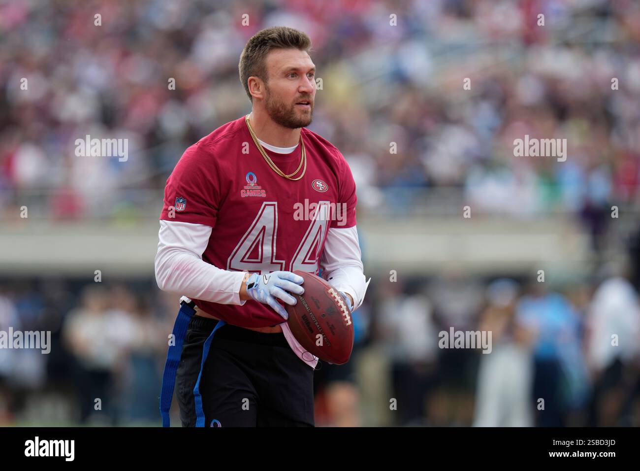 NFC fullback Kyle Juszczyk, of the San Francisco 49ers, looks to the ...