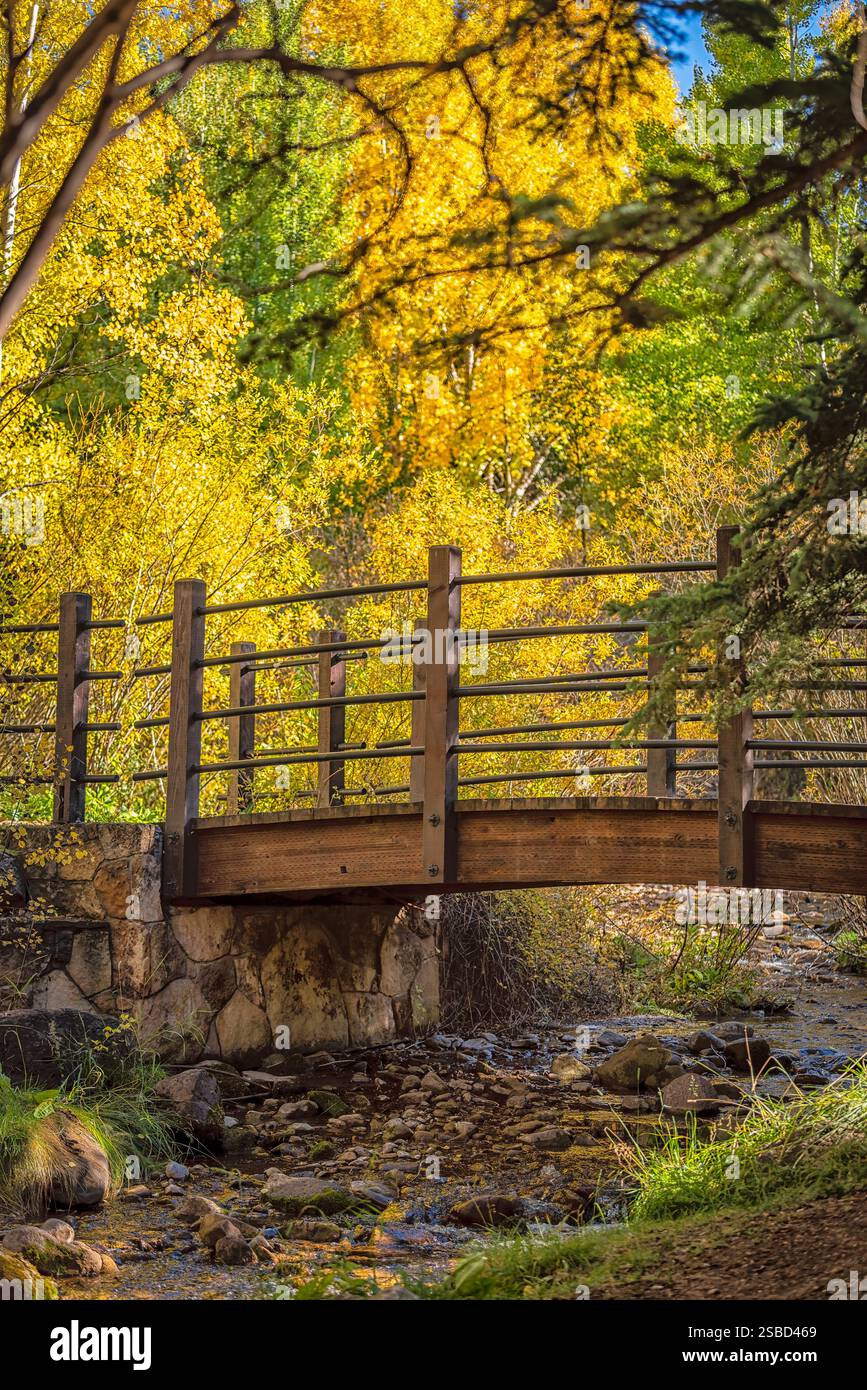 Small fairy tale bridge footbridge with creek river in Vail, Colorado ...