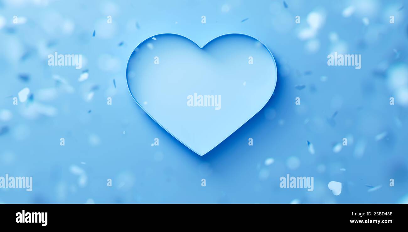 Blue opened heart-shaped box on a background with blurred falling ...