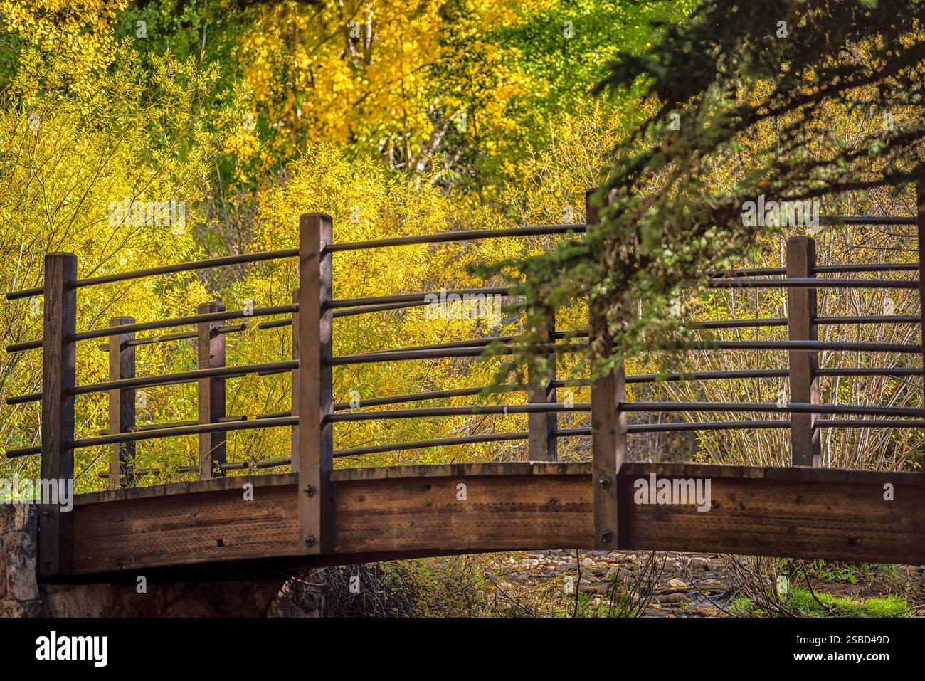 Small wooden fairy tale bridge footbridge with creek river in Vail ...