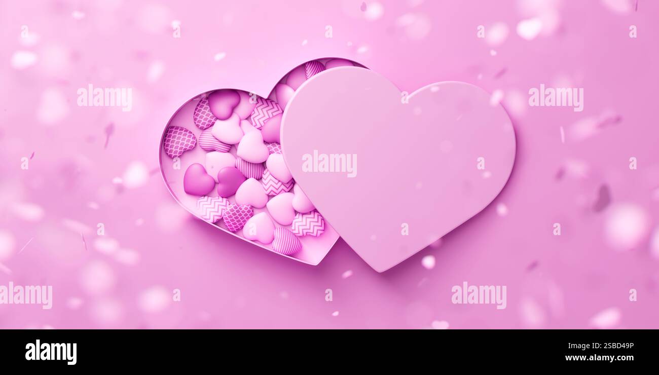 Violet opened heart-shaped box with rose hearts inside on a background ...
