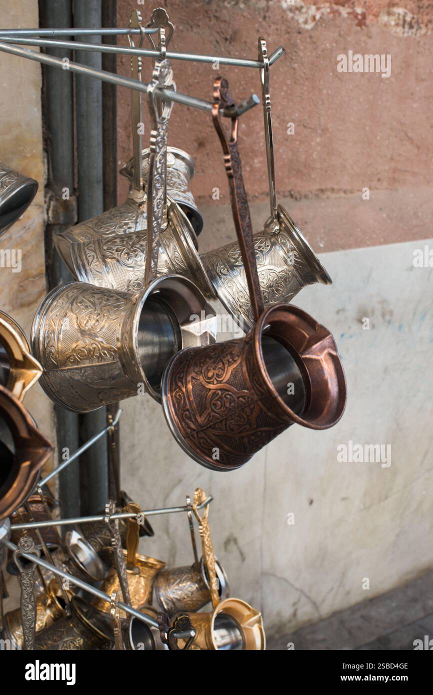 Traditional turkish copper coffee pot in a market. Istanbul, Turkey ...