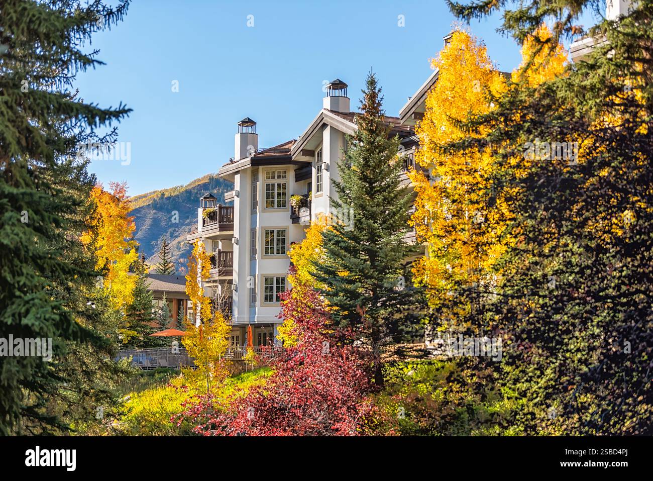 Vail, Colorado ski resort town cityscape of lodge hotel building in ...