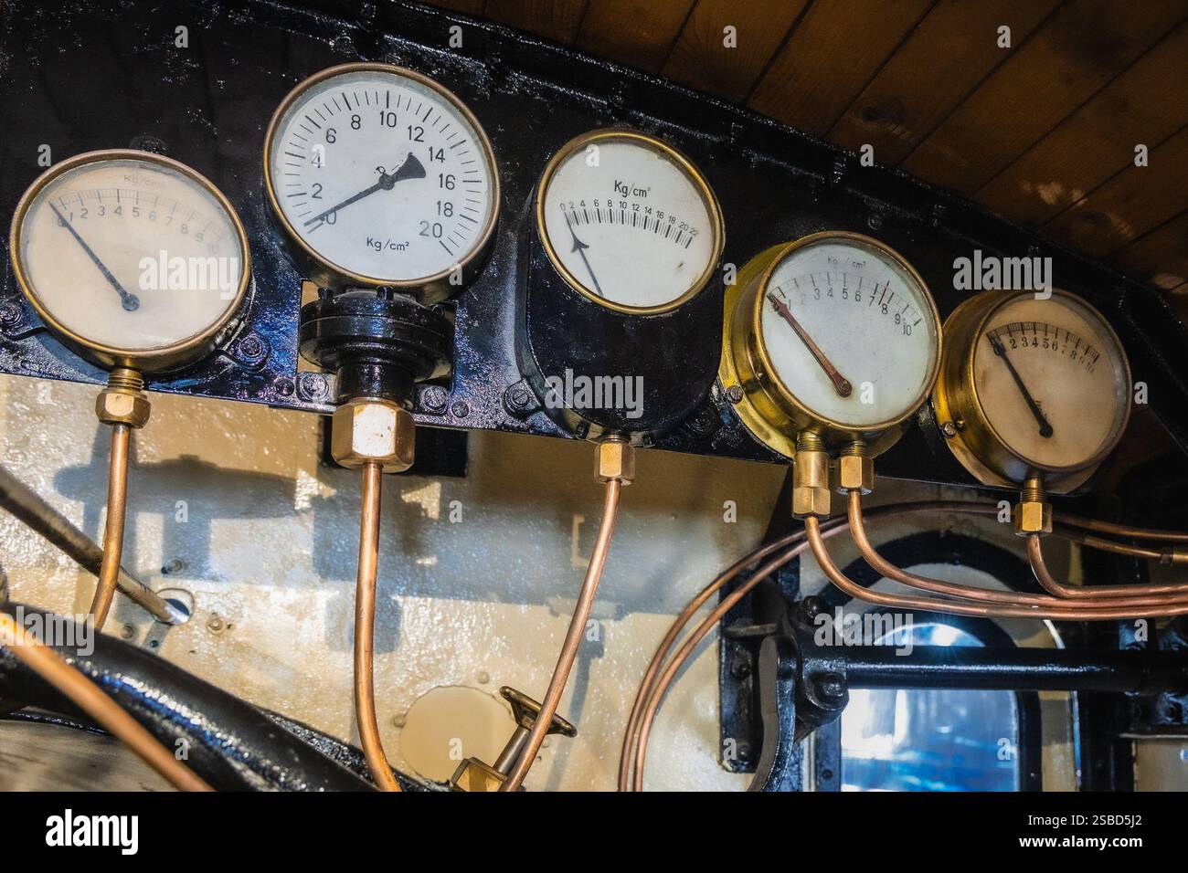 Collection of old manometers or pressure gauges in an old steam ...