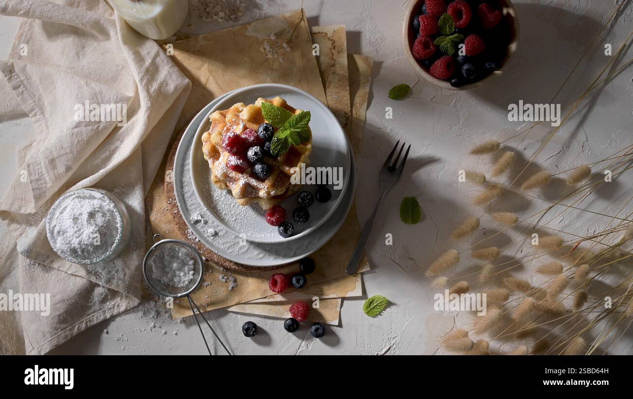 Sweet Homemade Berry Belgian Waffle with Whipped Cream Stock Photo - Alamy
