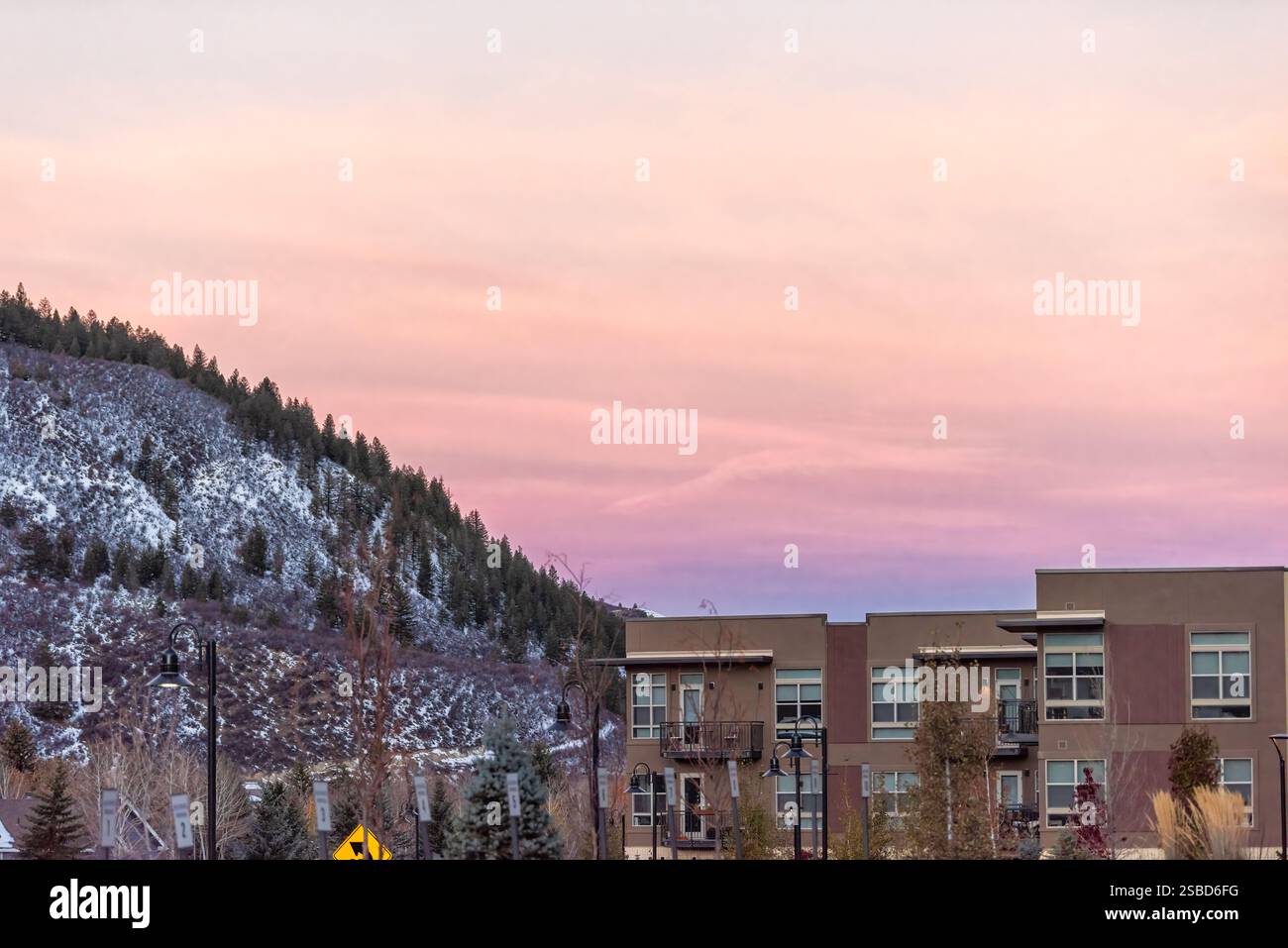 Avon, Colorado town in winter snow view of Rocky Mountains and modern ...
