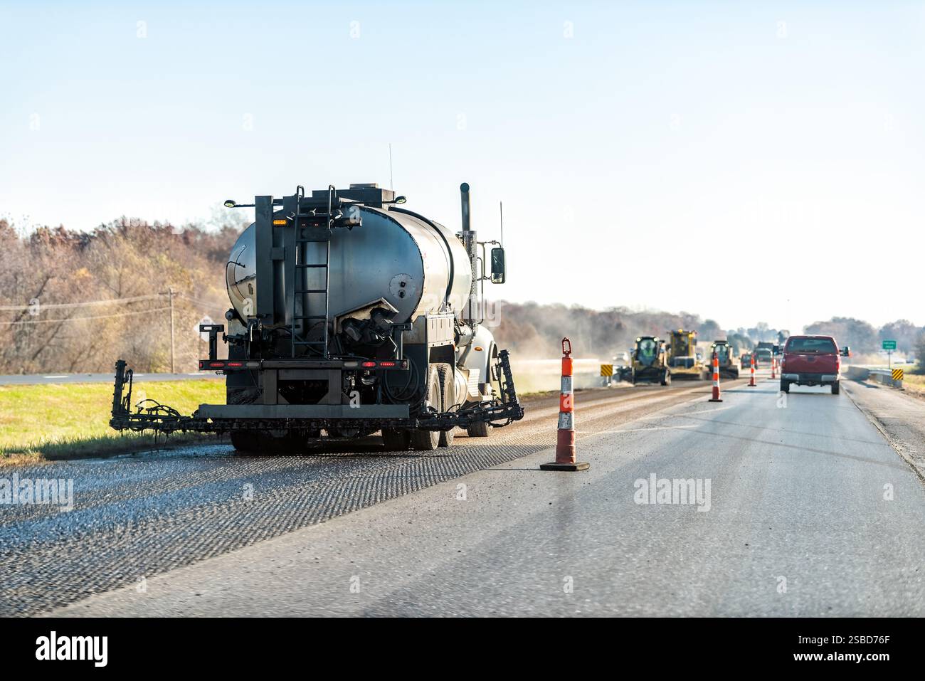 Cars in traffic on road street highway in Missouri with construction ...