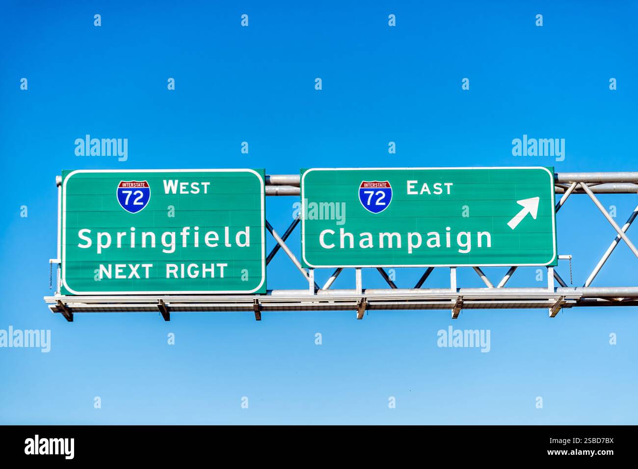 Highway 72 road in Illinois with sign exit east for Champaign and west ...