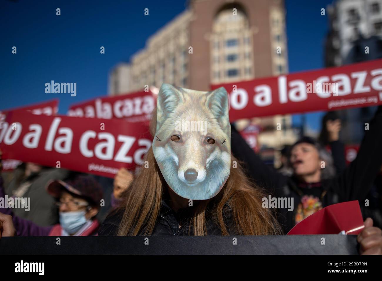 Madrid, Spain. 02nd Feb, 2025. An activist wears a dog mask during a ...