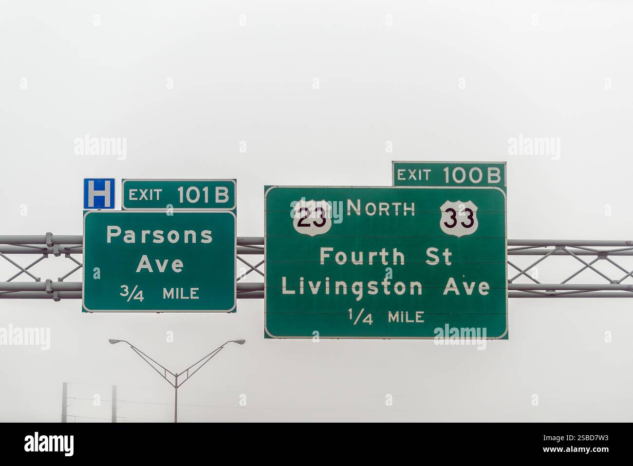 Columbus, Ohio highway 70 road in midwest city with fog mist cloudy day ...