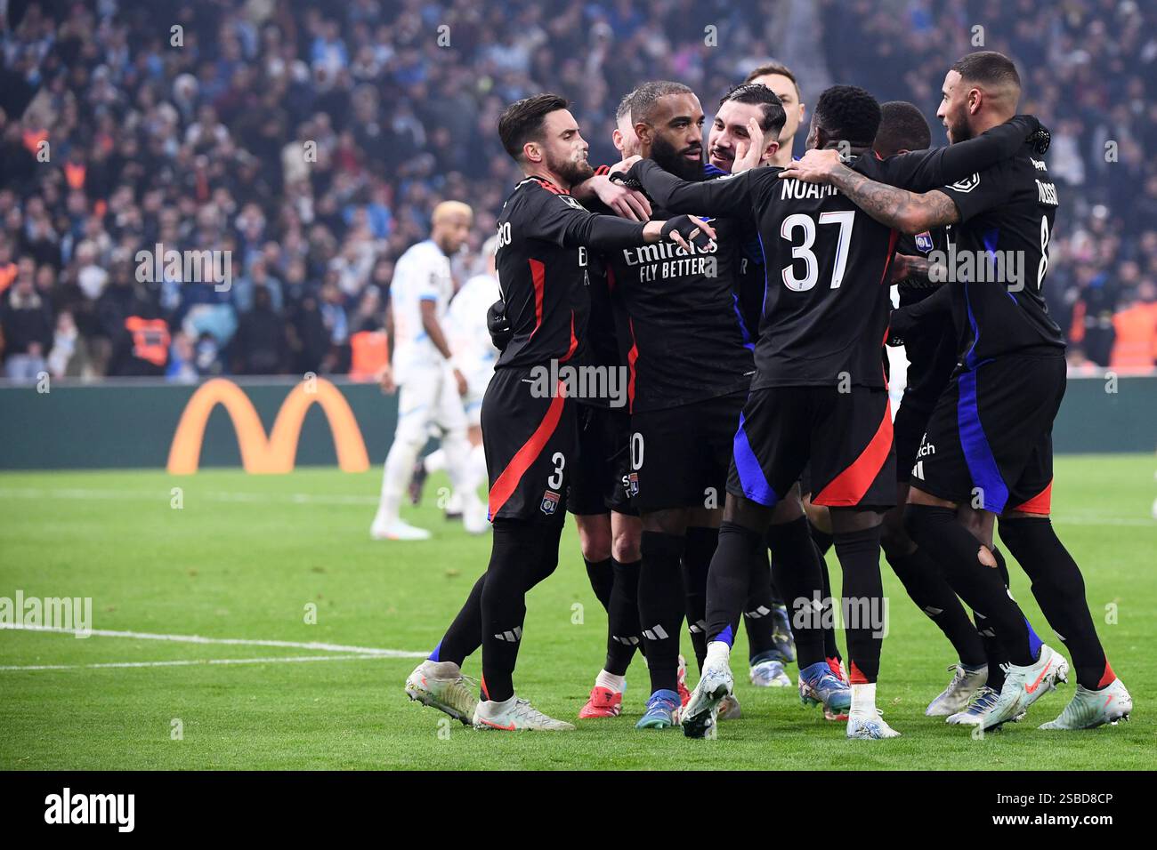 France. 01st Feb, 2025. 03 Nicolas TAGLIAFICO (ol) - 18 Rayan CHERKI (ol) - 10 Alexandre ...