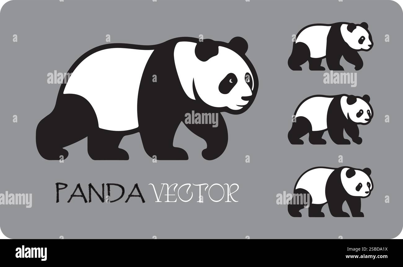 Walking Panda Vector Silhouette Black & White Cartoon Illustration ...