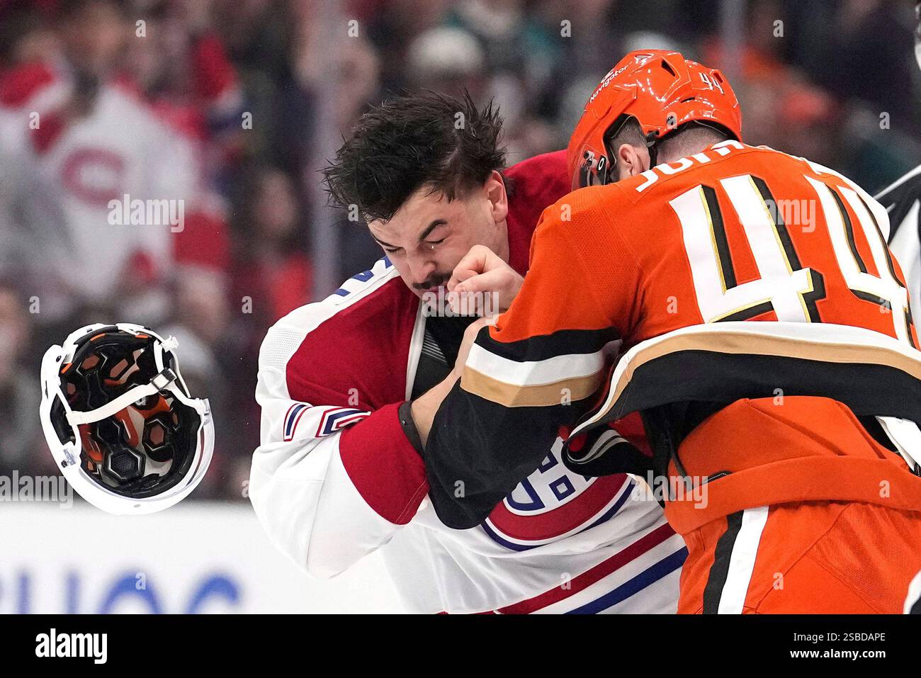 Montreal Canadiens defenseman Arber Xhekaj, left, and Anaheim Ducks ...