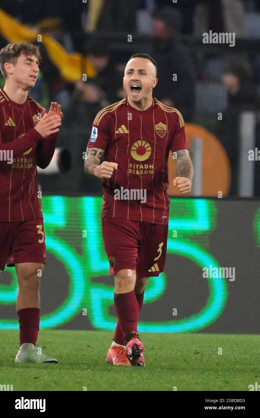 Roma, Italia. 02nd Feb, 2025. Roma's Angelino celebrates after scoring ...