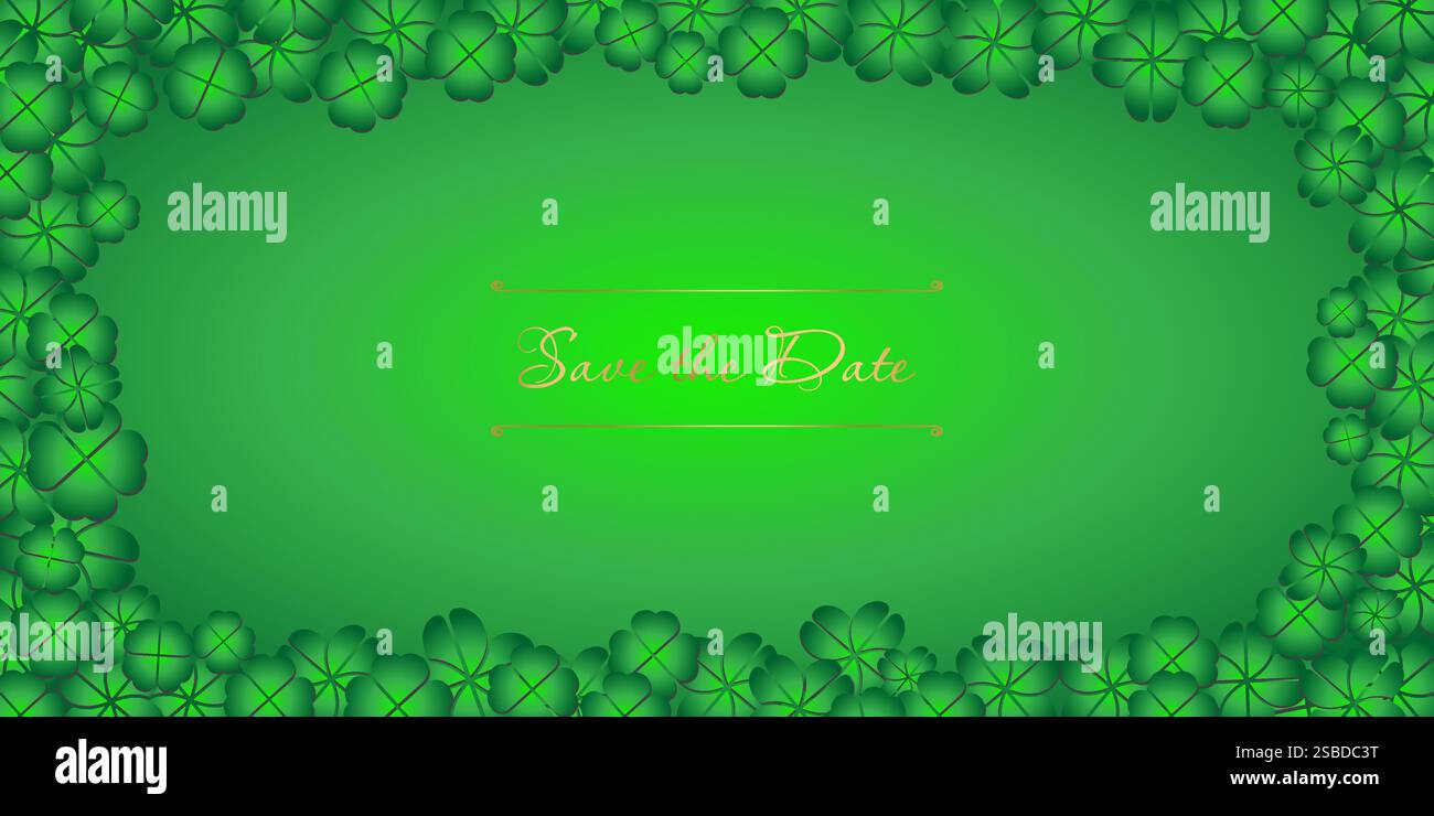 Save the date Green Shamrock clover banner. St Patrick day symbols ...