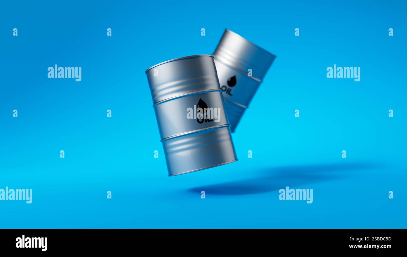Two floating silver metal oil barrels on blue background. Front view ...