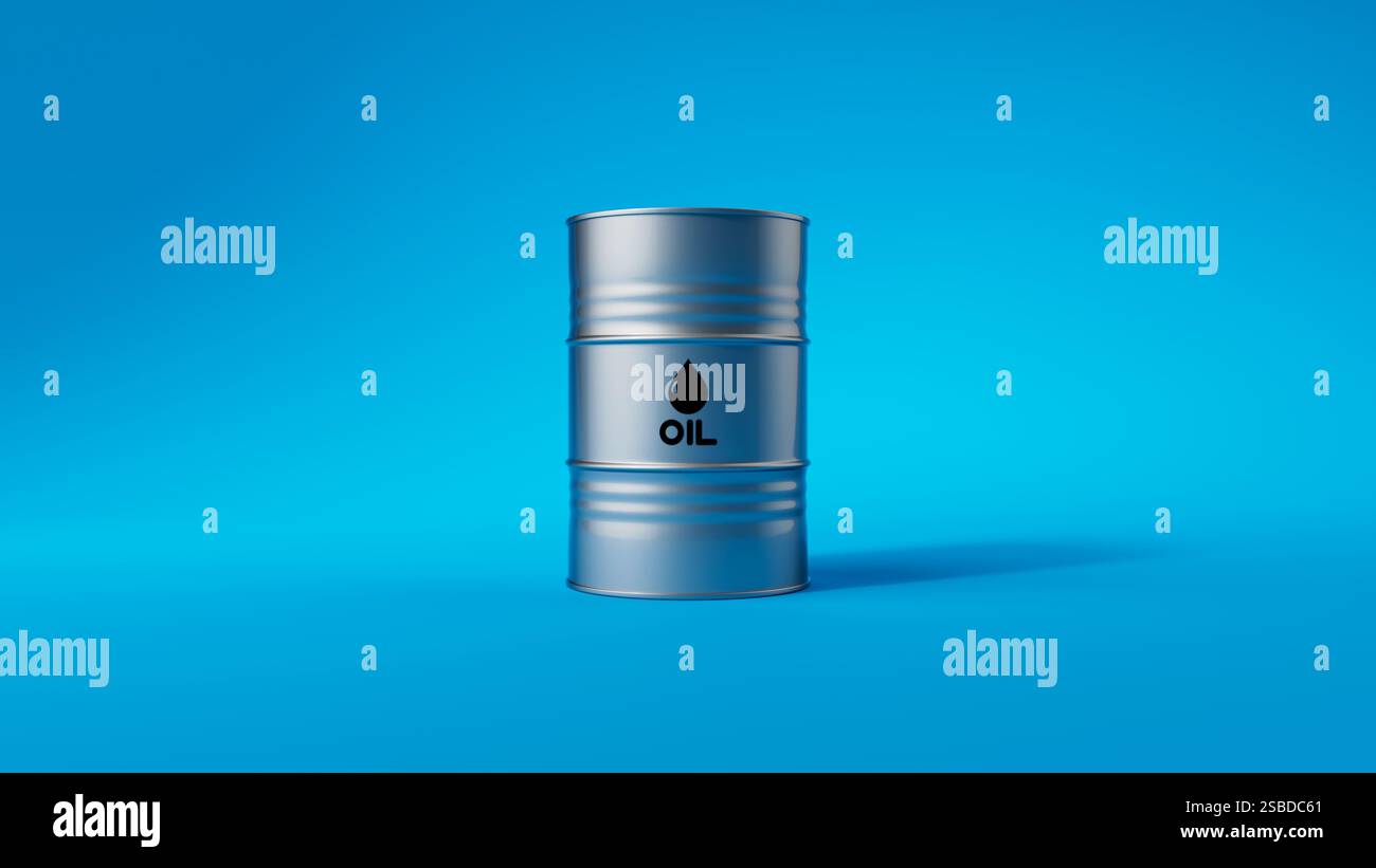 Single silver metal oil barrel on blue background. Front view. Oil ...