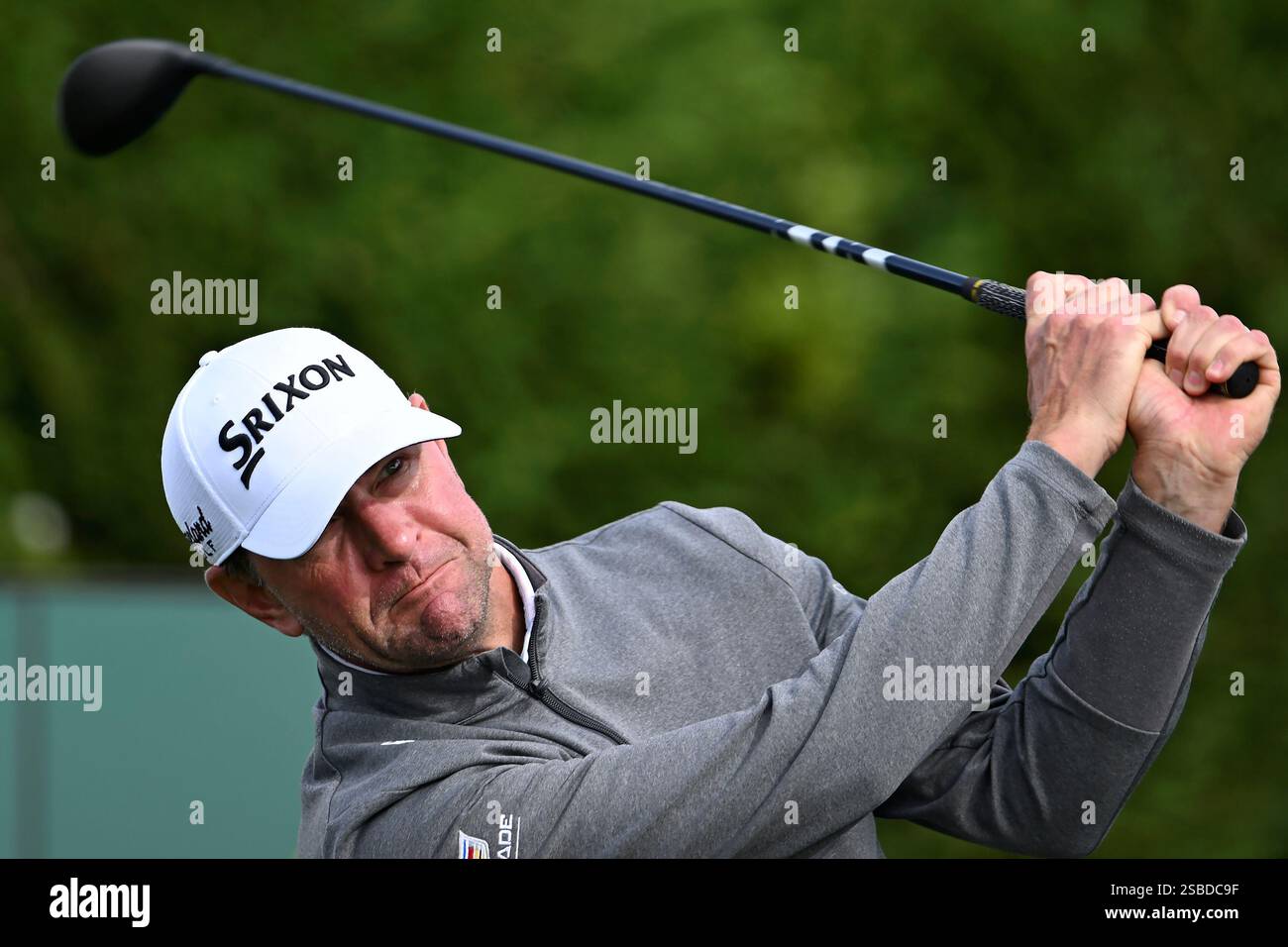 Lucas Glover hits from the 16th tee at Pebble Beach Golf Links during ...