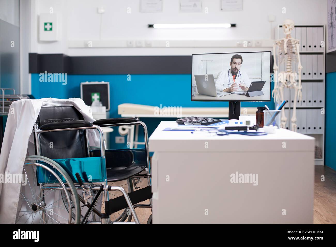 Wheelchair accessible office desk with a computer monitor showing ...