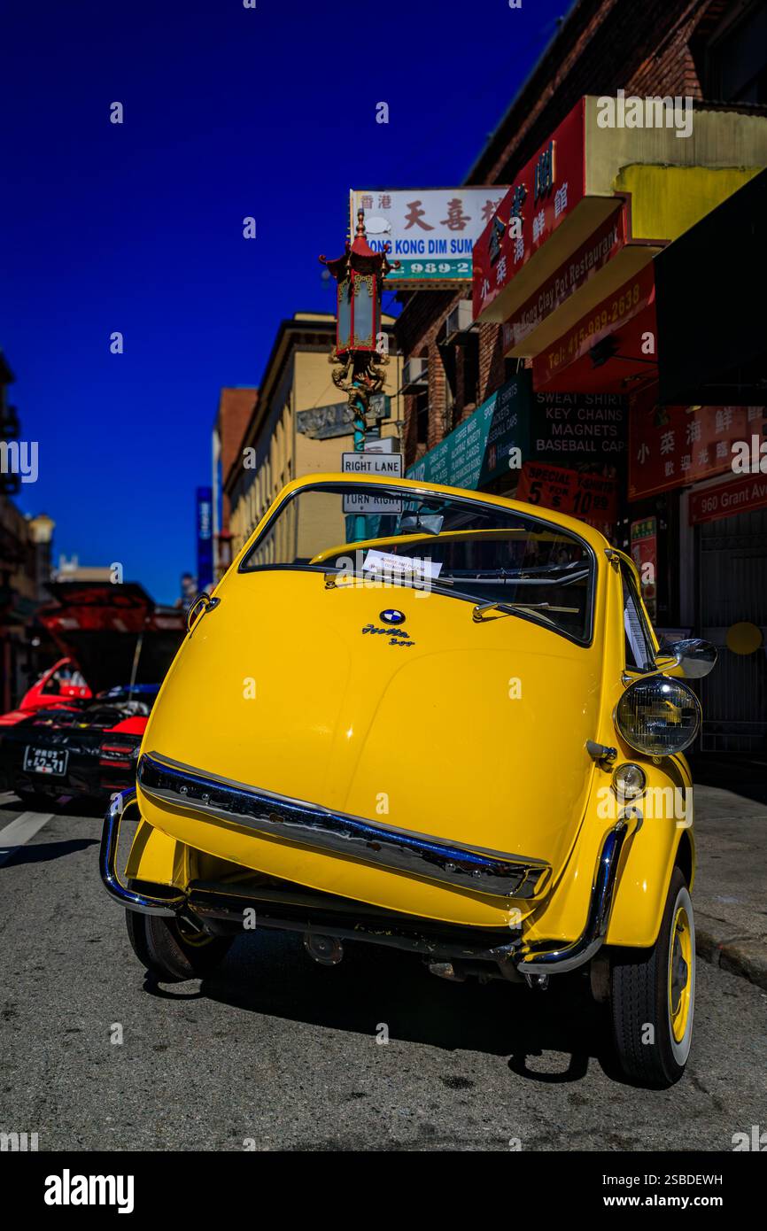 San Francisco, USA - September 24, 2022: A yellow BMW Isetta microcar ...