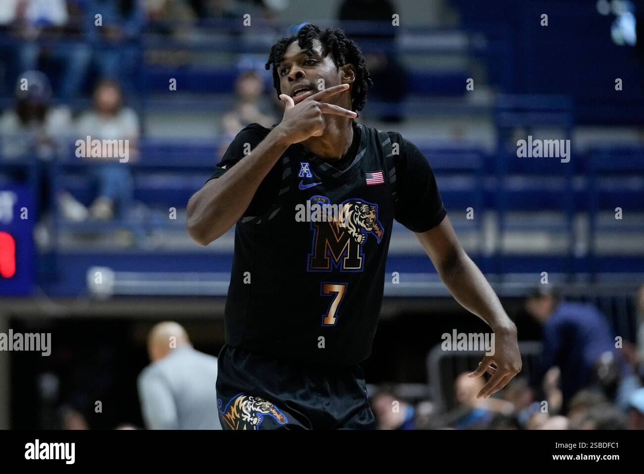 Memphis guard PJ Carter (7) celebrates after making a 3-pointer during ...