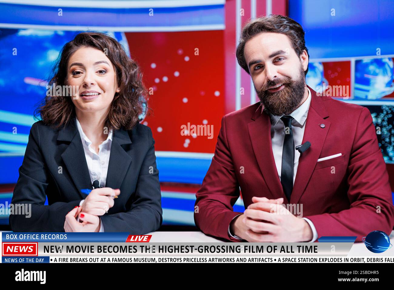 New movie television announcement in news studio, team of media ...