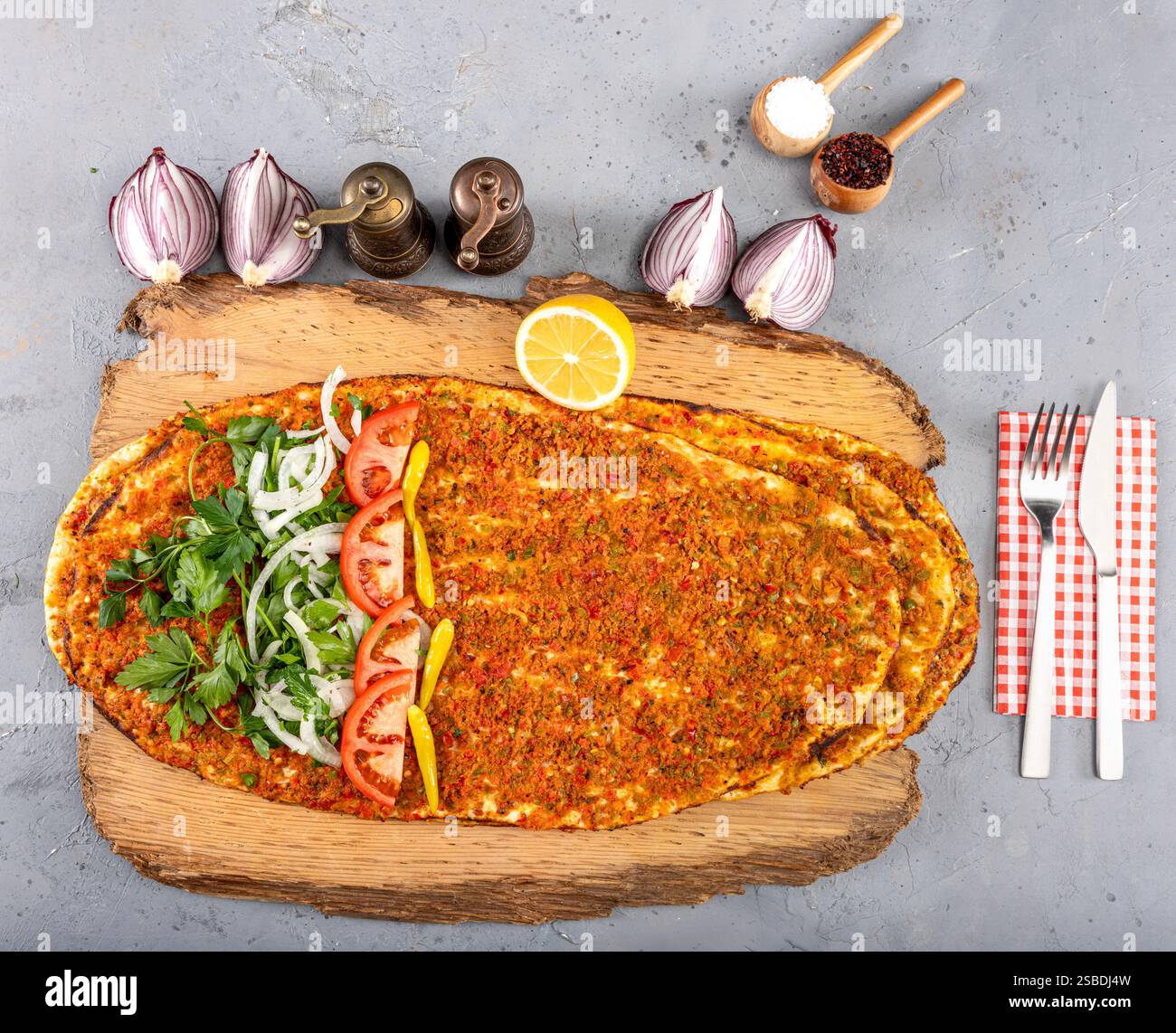 Turkish foods; Turkish pizza, Lahmacun. Turkish delicious cuisine ...