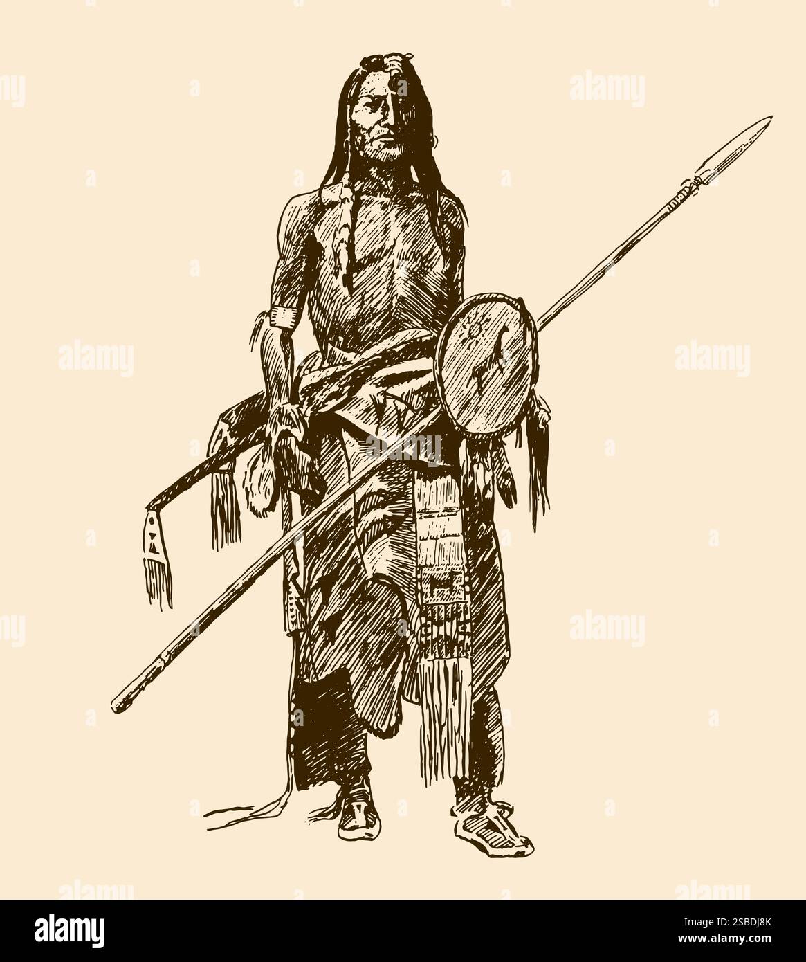 Standing Sioux buffalo hunter holding spear and shield after antique ...