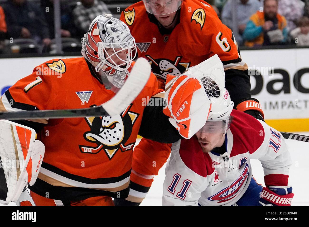 Anaheim Ducks goaltender Lukas Dostal, left, makes a glove save as ...