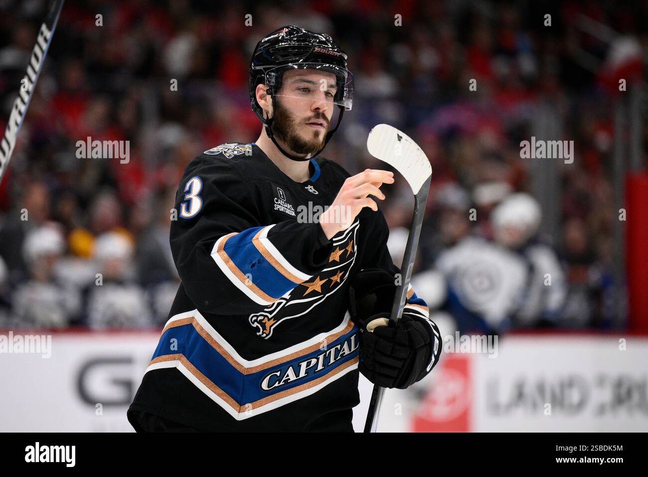 Washington Capitals defenseman Matt Roy (3) looks on during the second ...