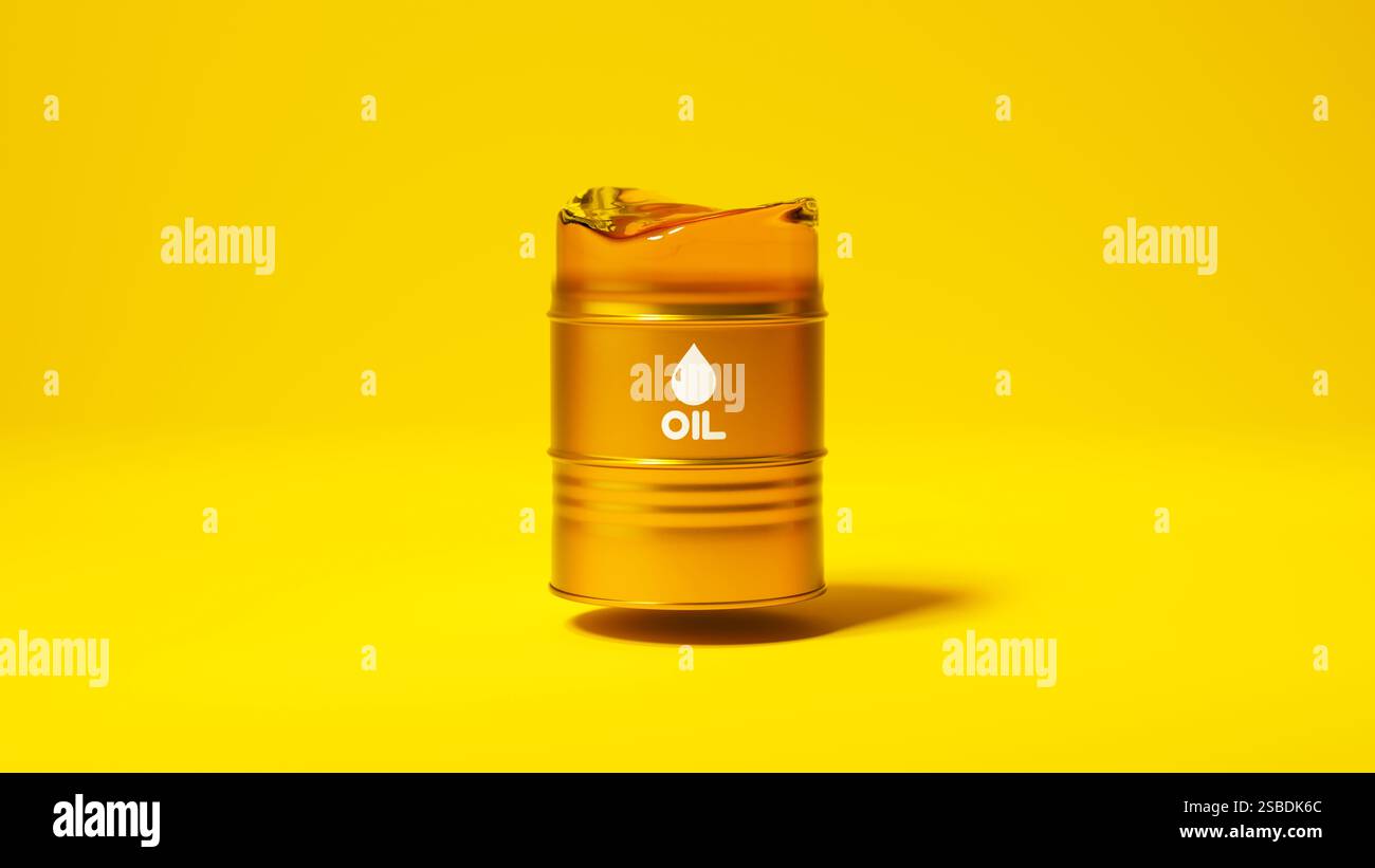 Split view of gold metal oil barrel with crude oil inside on yellow ...