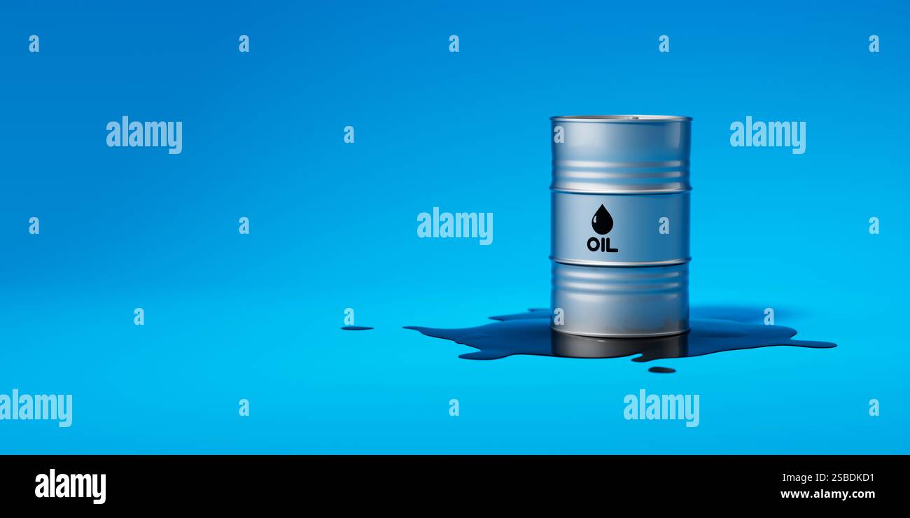 Single silver metal oil barrel stand on spilled puddle of crude oil on ...