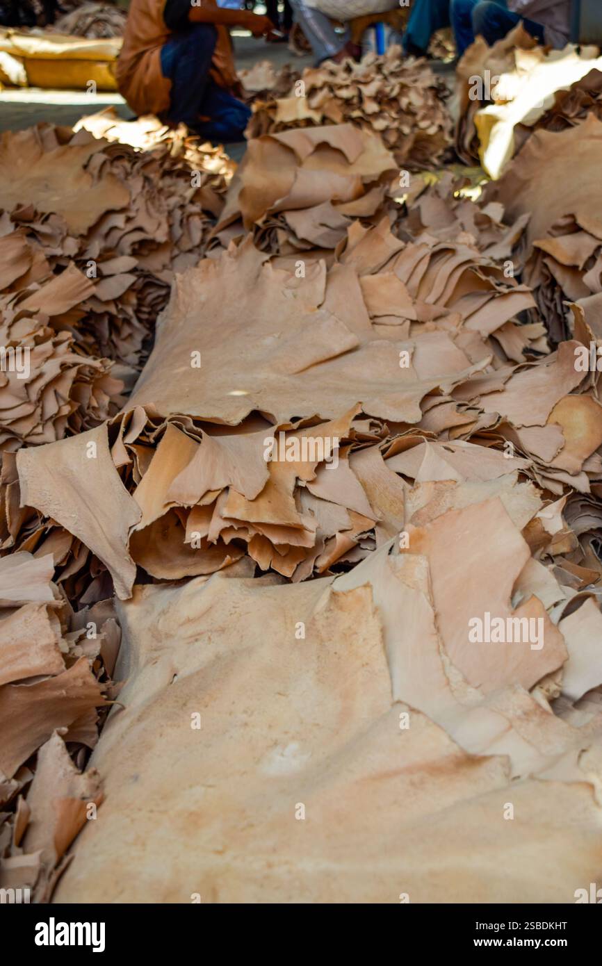 Natural leather in crafts stacked in a craft shop in the souk at ...