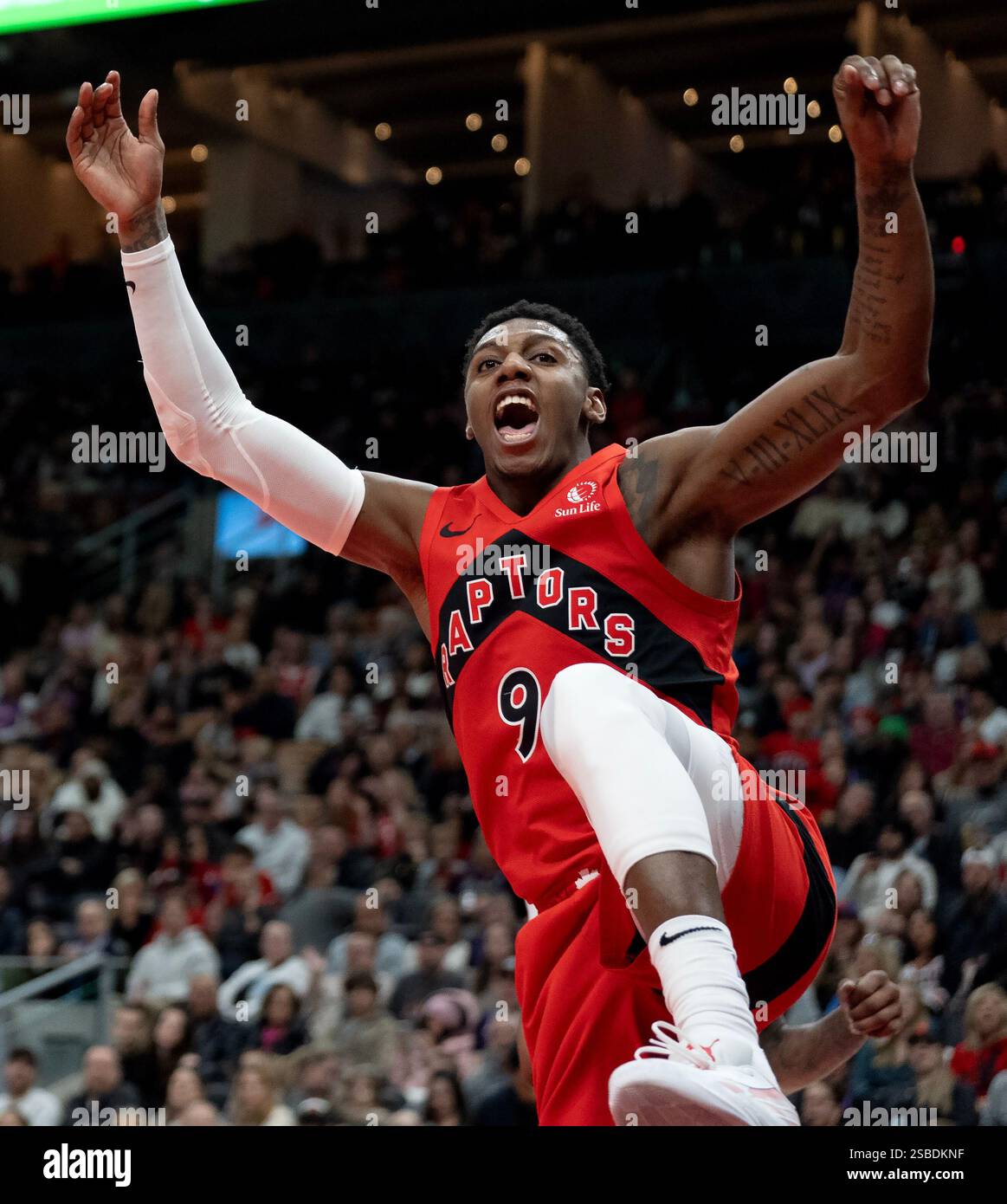 Toronto, Canada. 02nd Feb, 2025. Toronto Raptors RJ Barrett celebrates ...