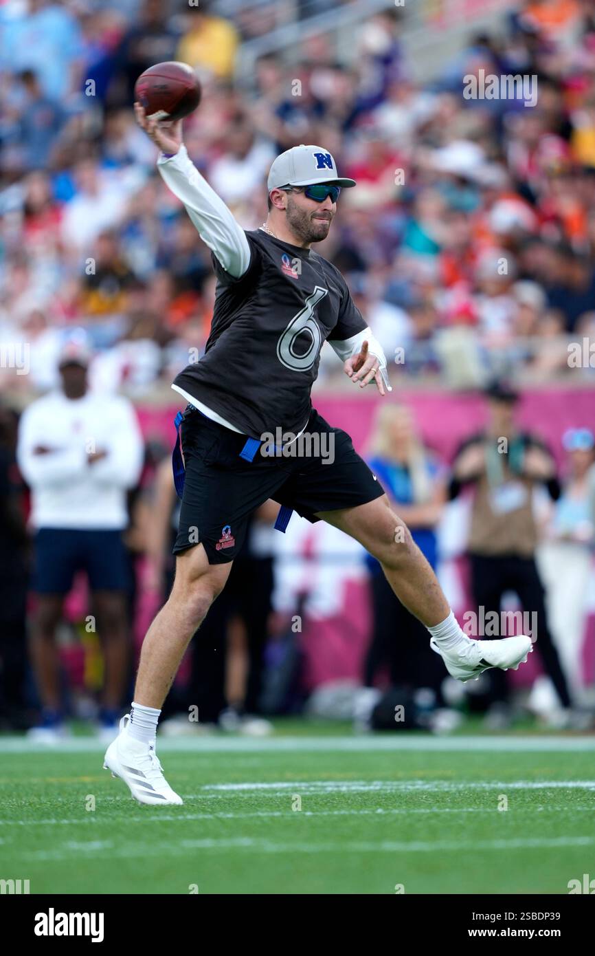 NFC quarterback Baker Mayfield (6), of the Tampa Bay Buccaneers, throws ...