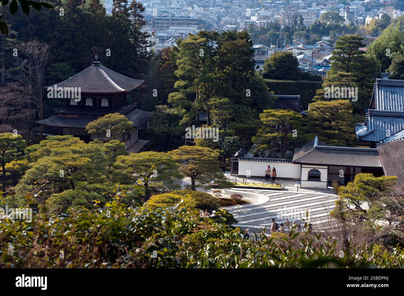 Aerial view of Ginkakuji Zen Buddhist Temple and Kyoto city skyline ...