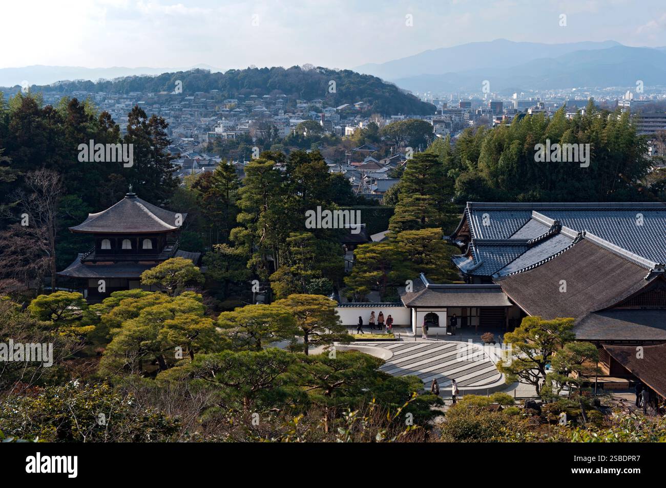 Aerial view of Ginkakuji Zen Buddhist Temple and Kyoto city skyline ...