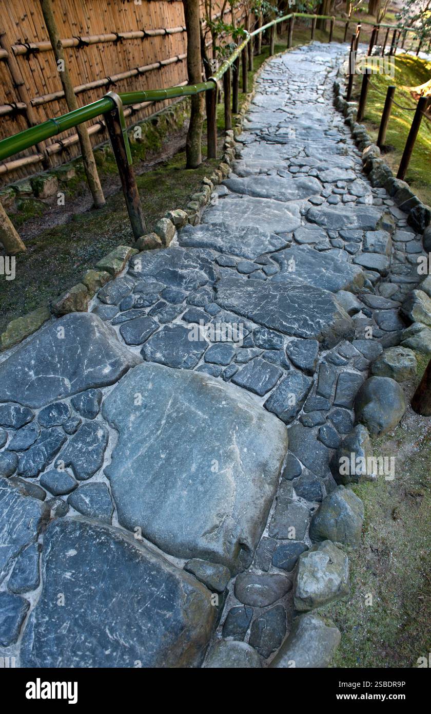 Stone pavers and bamboo railing create pathway through Japanese moss ...