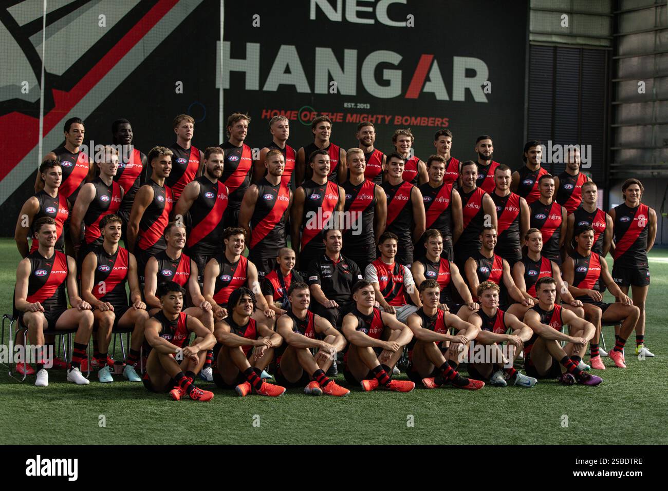 Melbourne, Australia. 03rd Feb, 2025. AFL Essendon Team members pose for a photograph during a ...