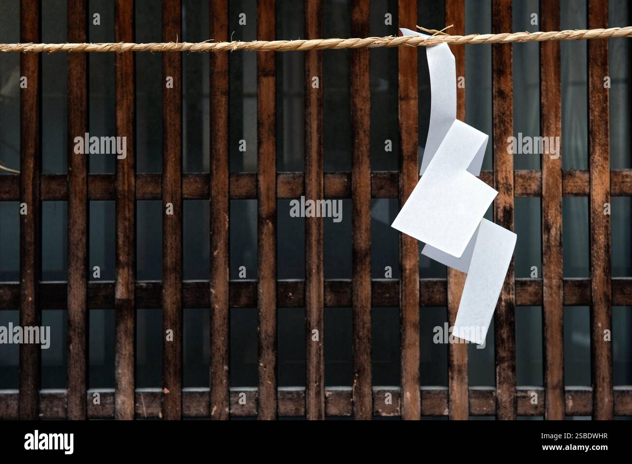 Attached to shimenawa sacred twisted straw rope are Shinto shide (紙垂 ...