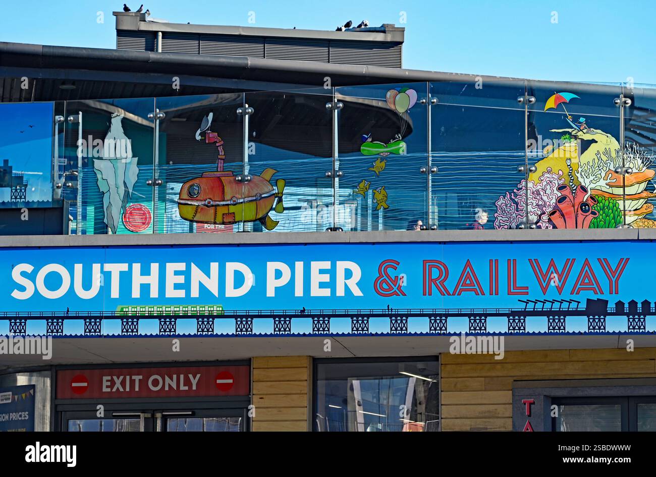 Southend Pier and Railway sign above the exit to the longest pleasure ...