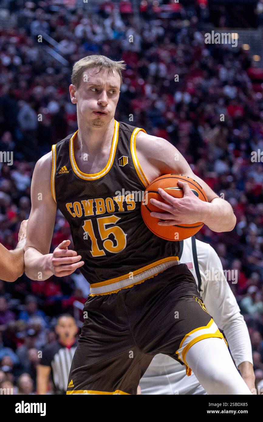 SAN DIEGO, CA - FEBRUARY 01: Wyoming forward Oleg Kojenets (15) grabs a ...