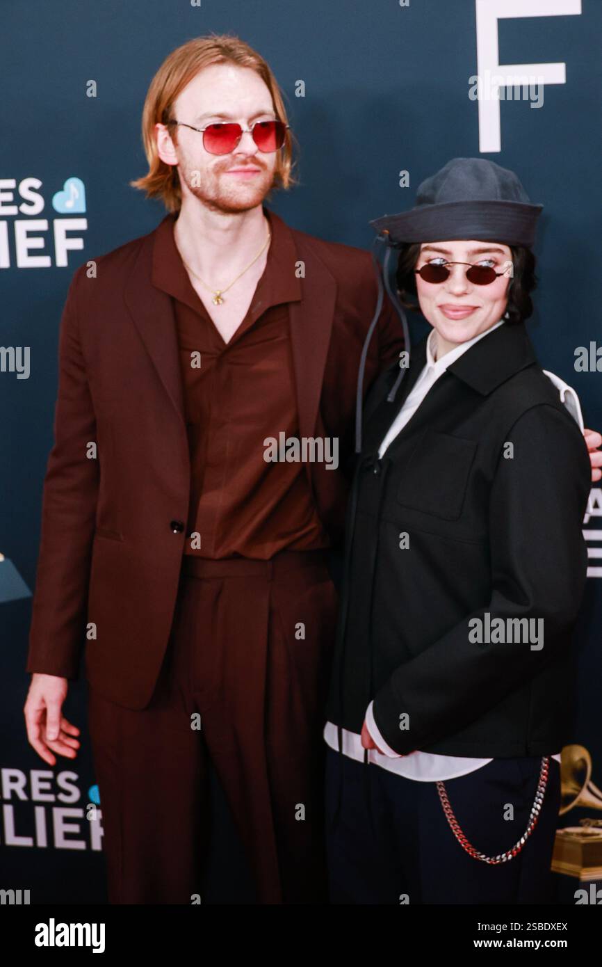 Los Angeles, USA. 02nd Feb, 2025. FINNEAS and Billie Eilish walking on the red carpet during the ...