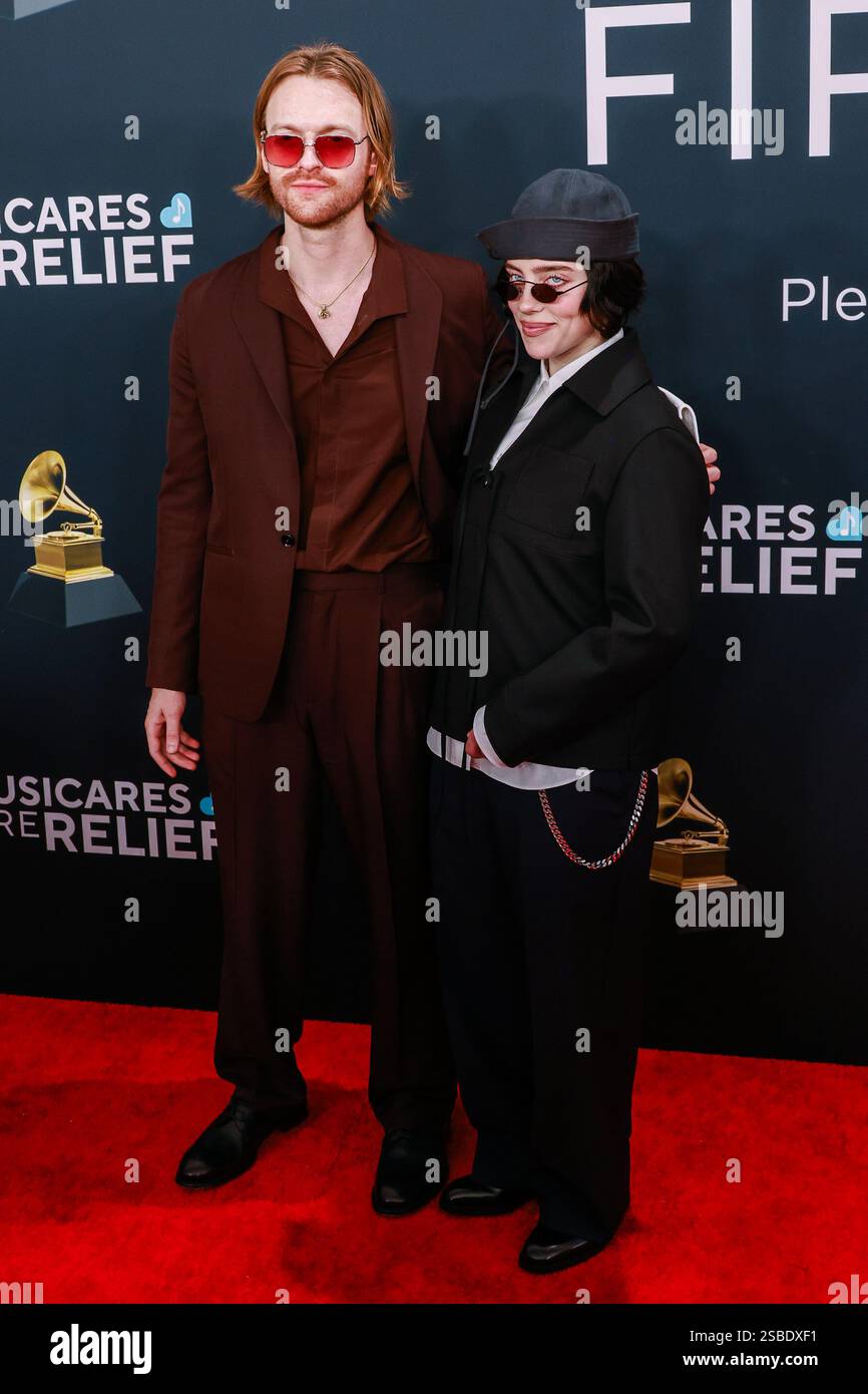 Los Angeles, USA. 02nd Feb, 2025. FINNEAS and Billie Eilish walking on the red carpet during the ...
