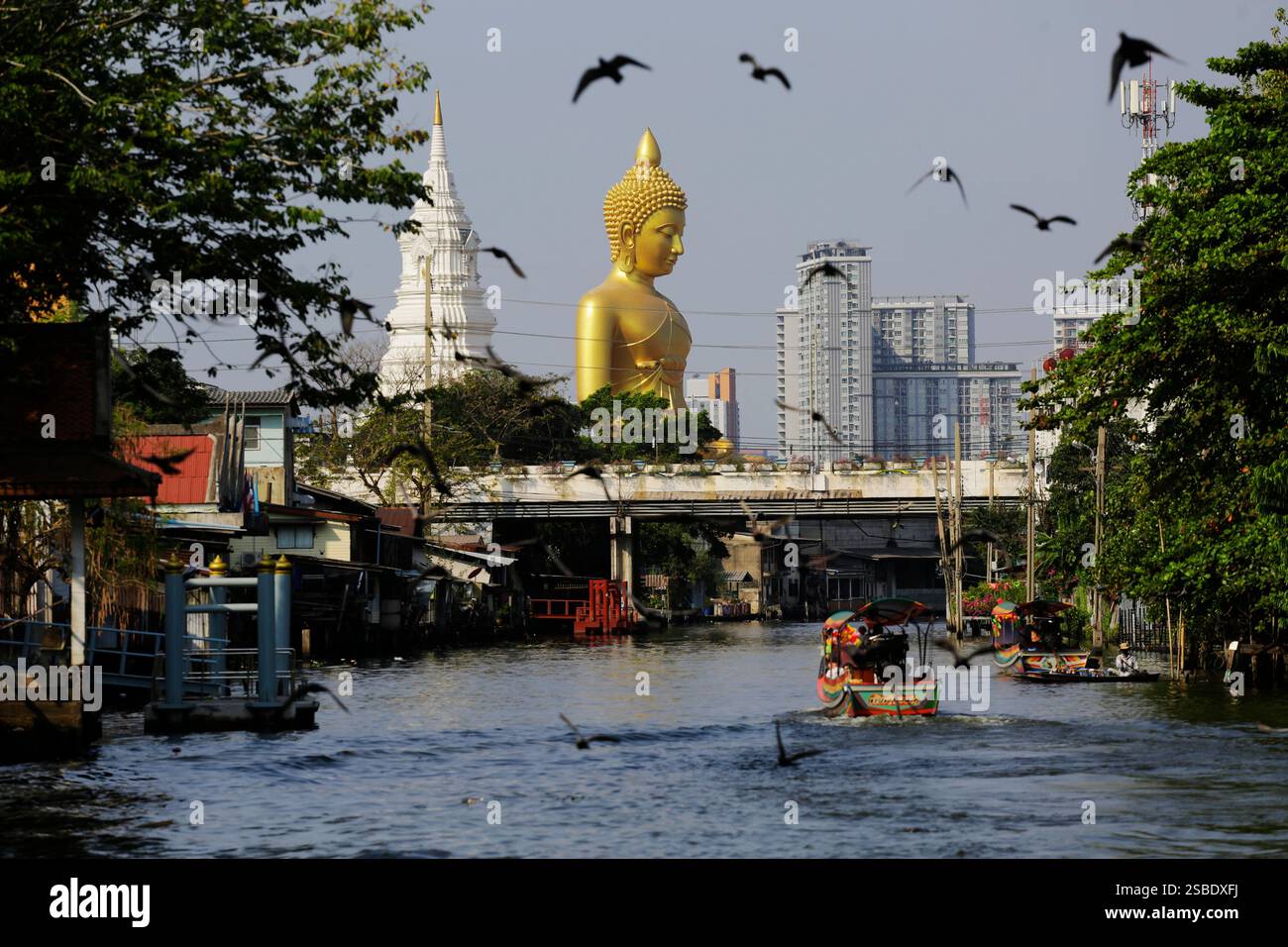 Birds fly near a big Buddha golden statue at Wat Paknam Phasi Charoen ...