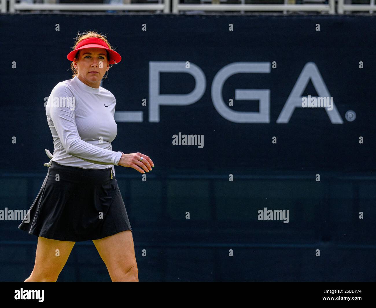 Orlando, FL, USA. 2nd Feb, 2025. Podcaster Hally Leadbetter on the 9th green during final round ...