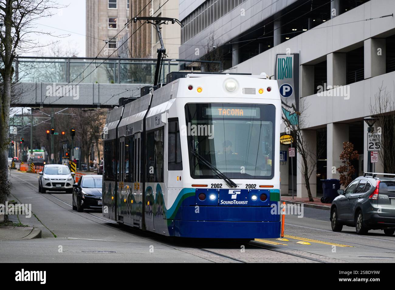 Tacoma, WA, USA - January 14, 2025;Sound Transit Tacoma Link light rail with destination on ...