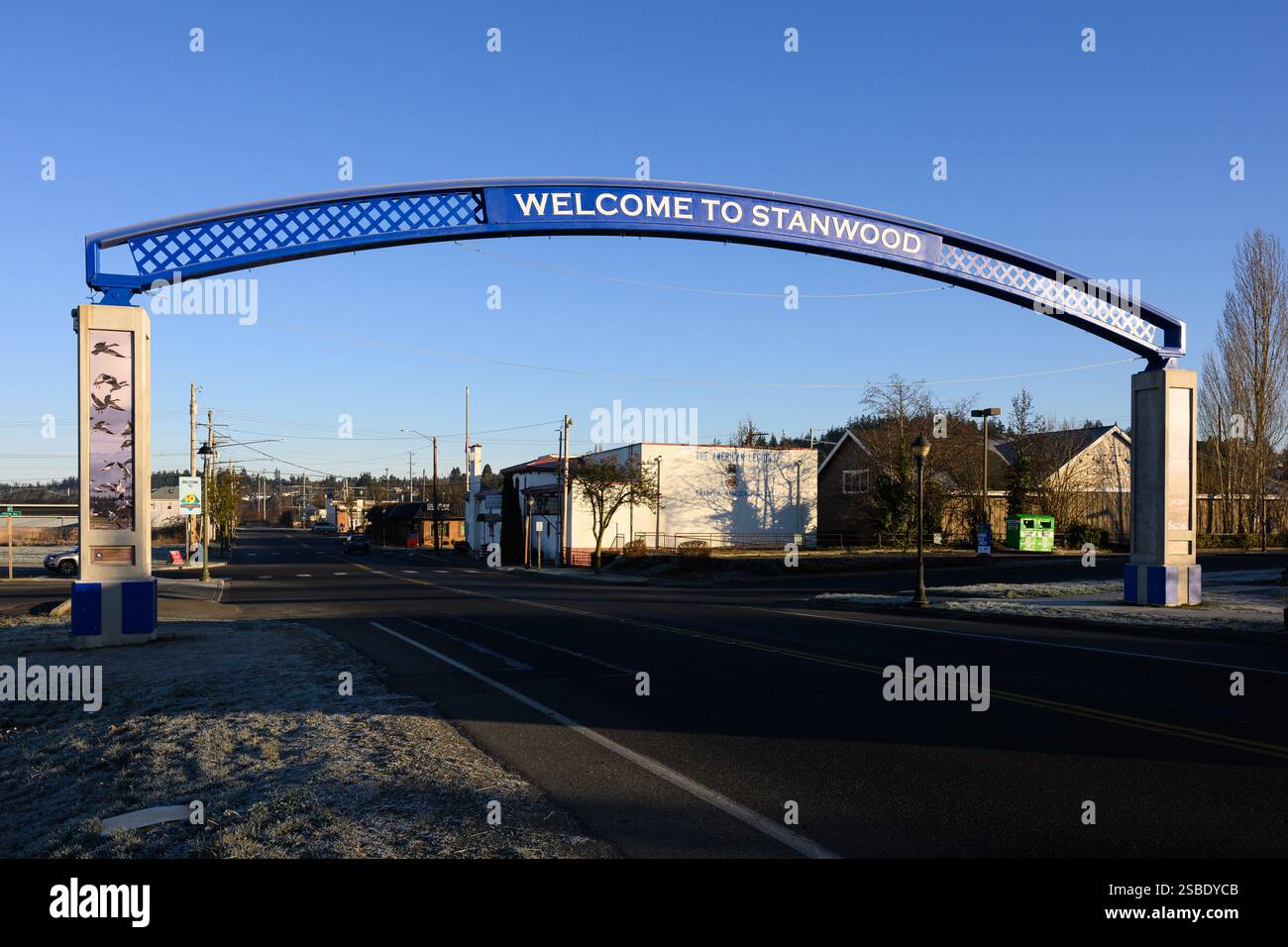 Stanwood, WA, USA - January 29, 2025; Arched sign across road Welcome ...