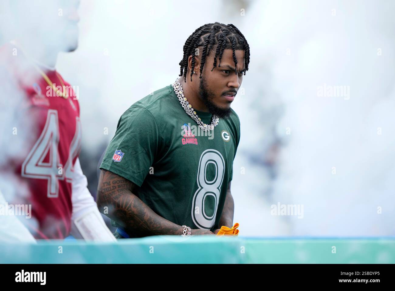 NFC running back Josh Jacobs (8), of the Green Bay Packers, is ...