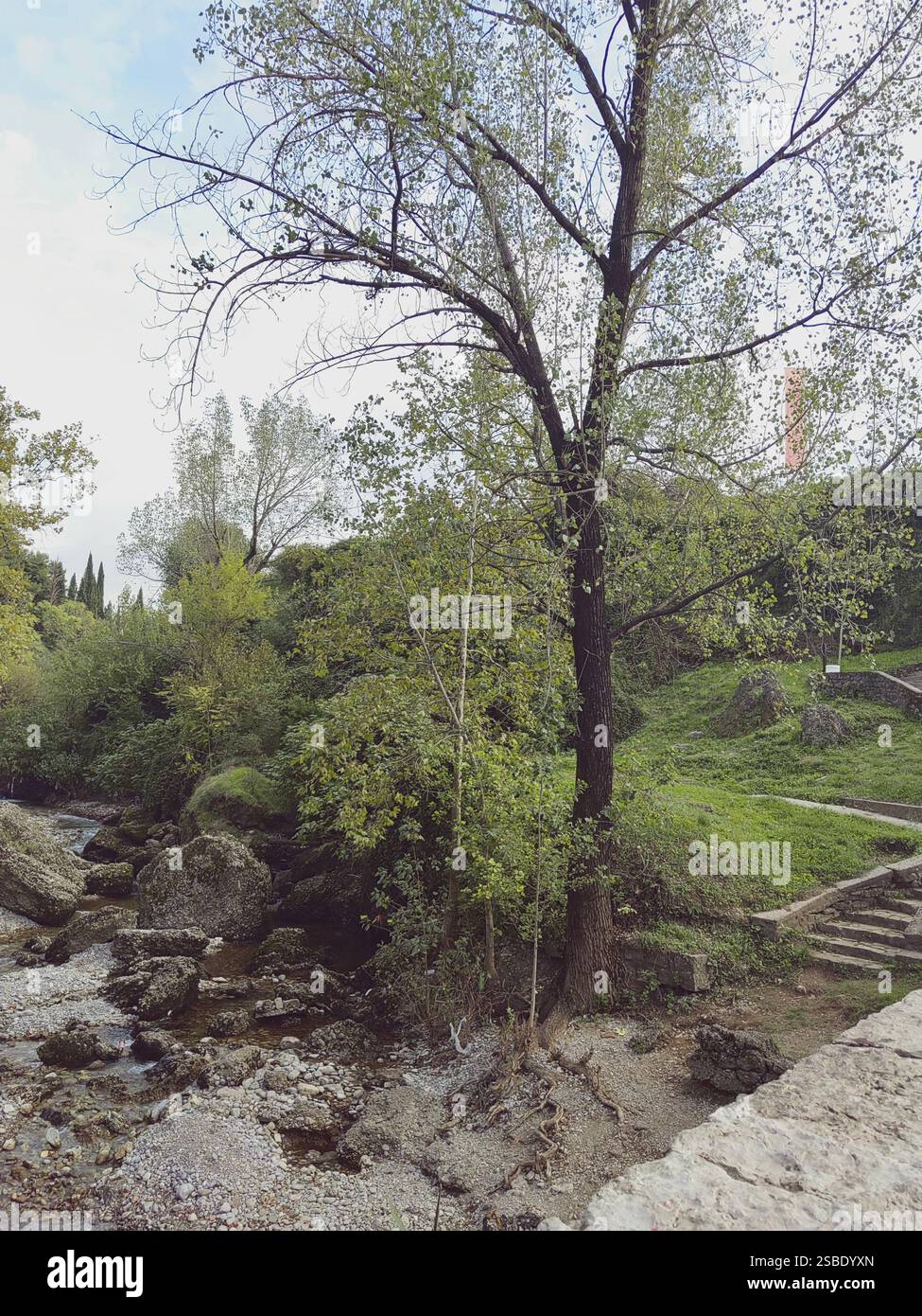 A historical site with stone buildings in the forest by the river in ...